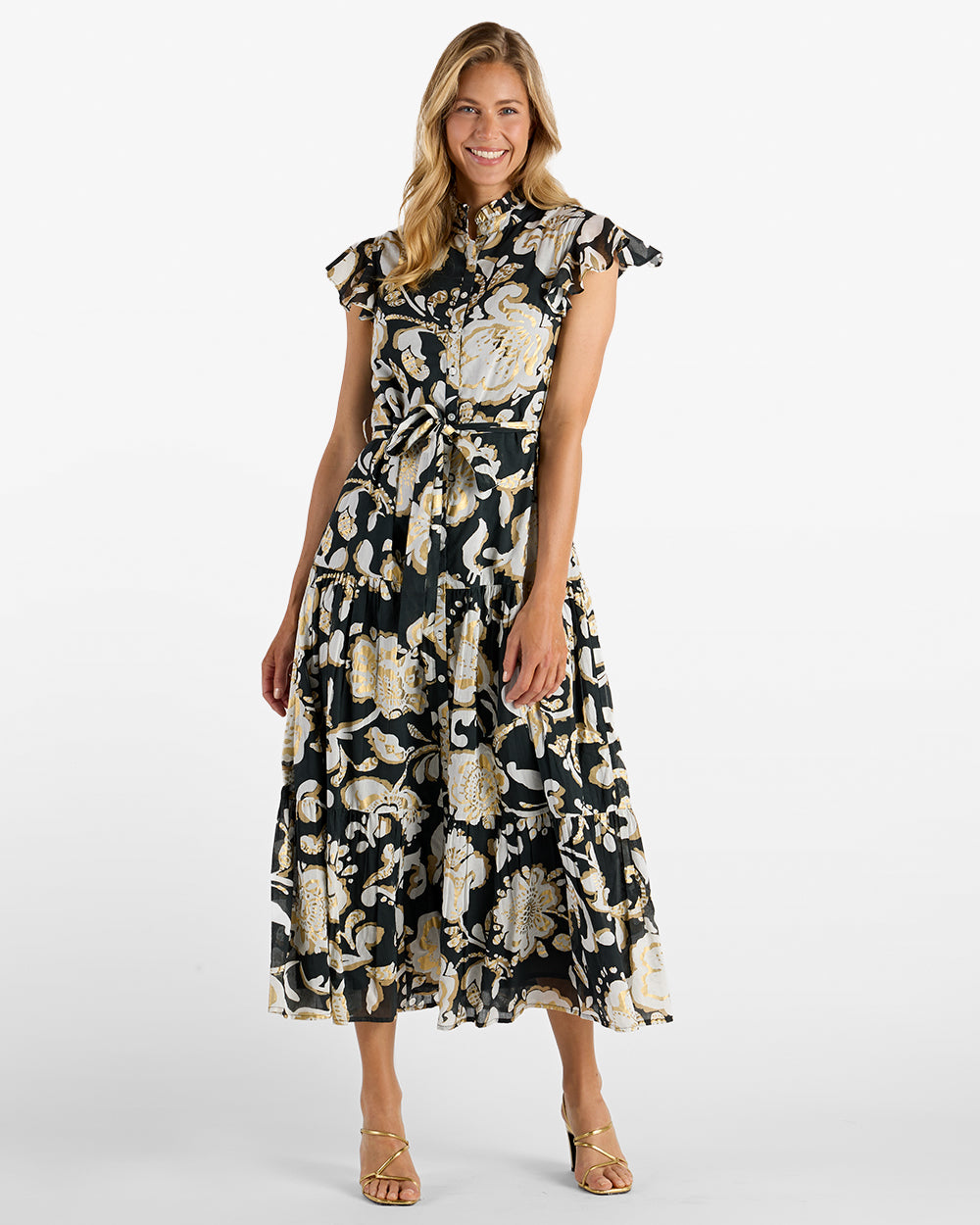JUDE CONNALLY Jude Connally Mirabella Maxi Dress in Black, White, and Gold Cotton Voile